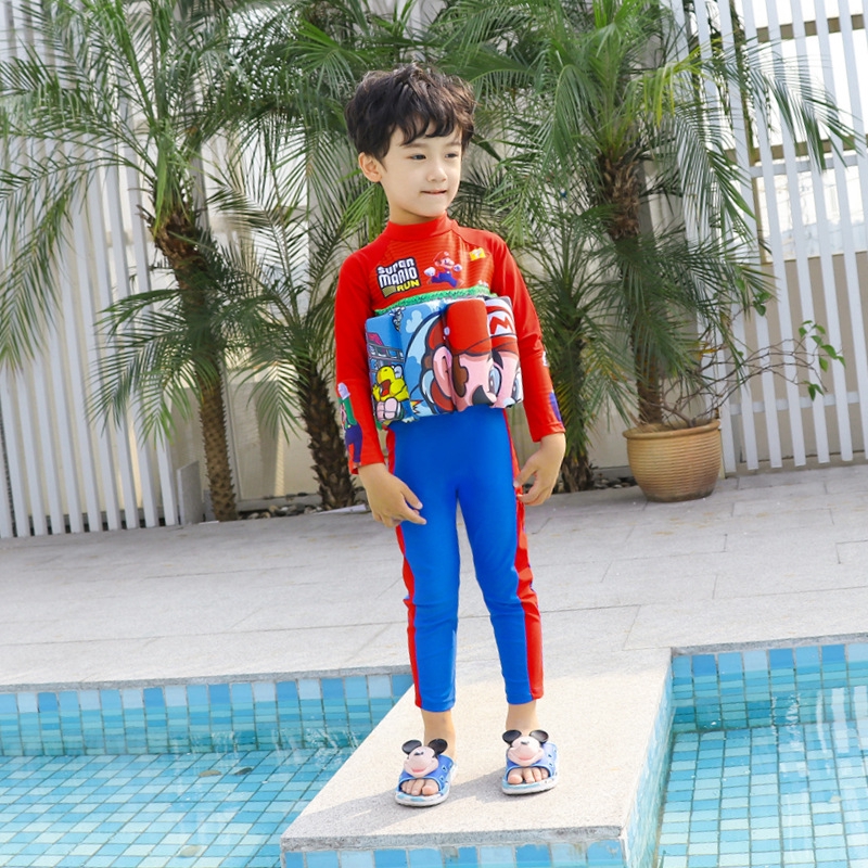 Kids Floating Swimming Suit with Cap Long Sleeve Boys Buoyancy Cartoon ...