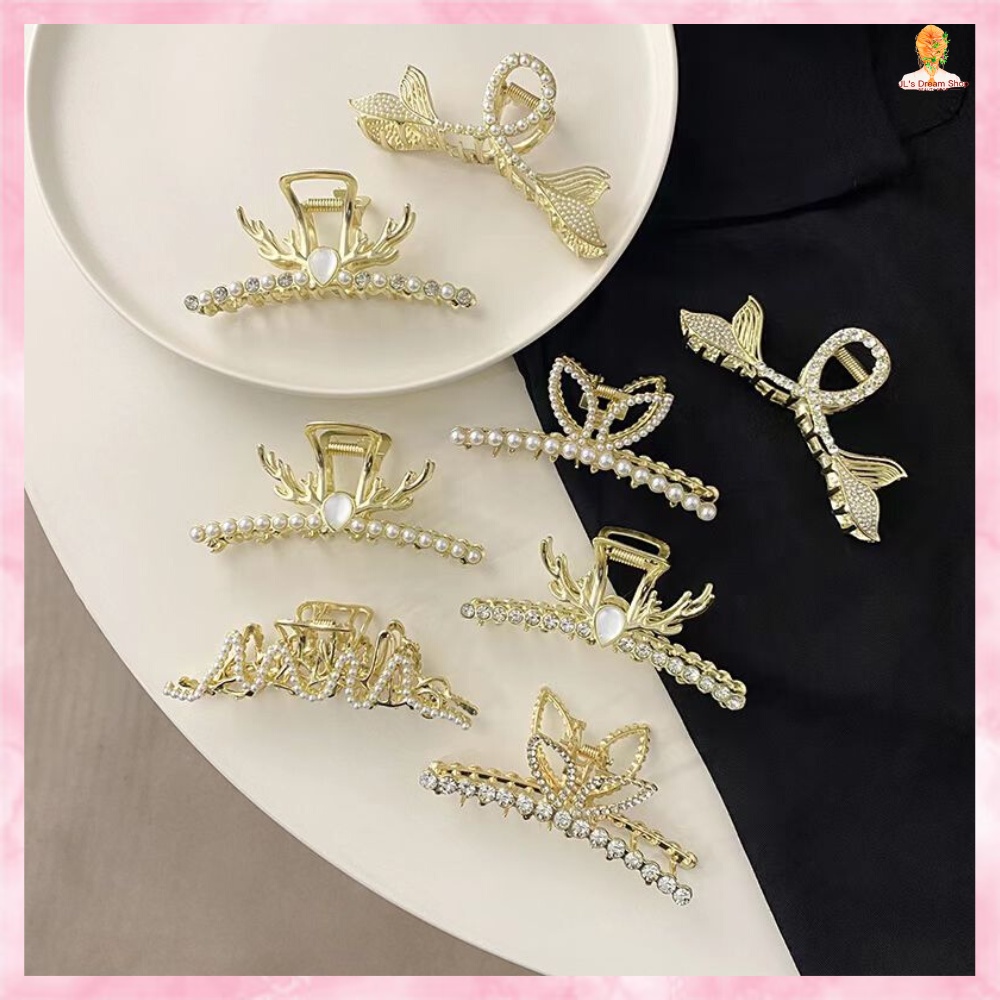 Pearl Diamond Metal Claw Clip Hair Clip 韩版珍珠钻石金属鲨鱼夹 抓夹 Klip Rambut ...