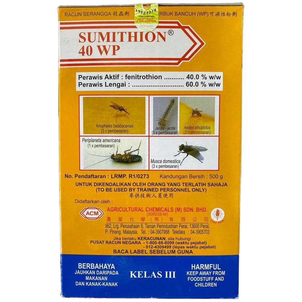 500GM Sumithion 40WP ACM Fenitrothion 40.0% Racun Serangga Nyamuk Pest Control Mosquito Flies ...