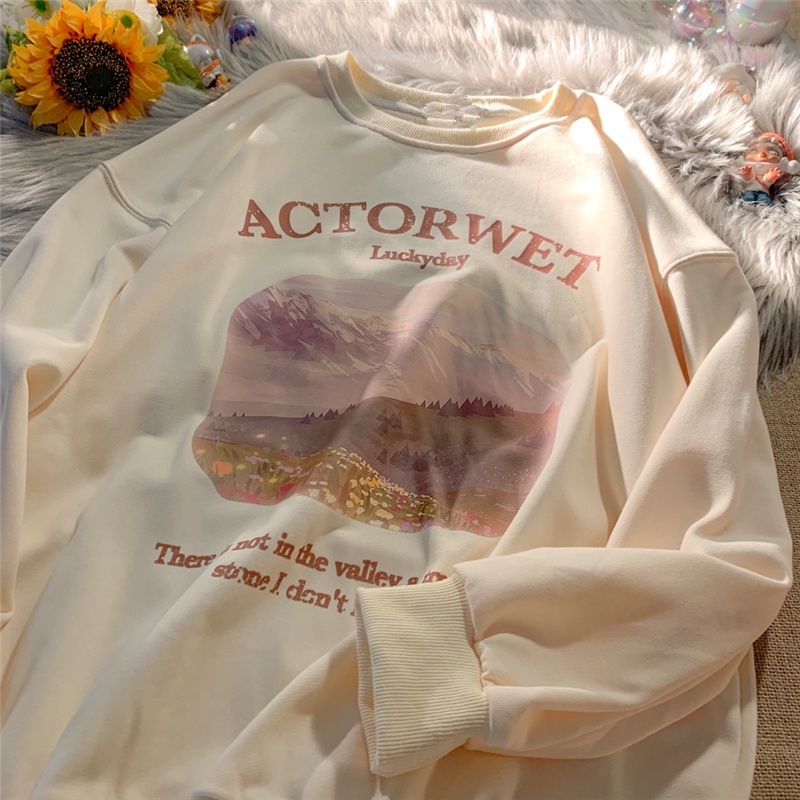Women's Cream Beautiful Landscape Printing Large Size Long-sleeve ...