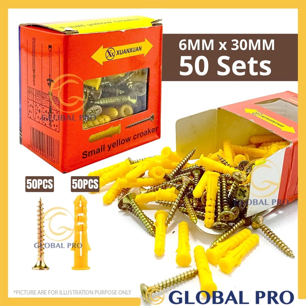 [1 BOX] 50 Sets 6MM x 30MM Croaker Wall plug with Screw Anchor Wall ...