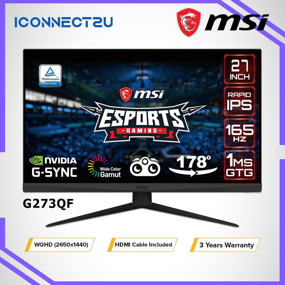 MSI Optix G273QF 27" WQHD Rapid IPS Nvidia G-Sync 165Hz 1Ms Gaming ...