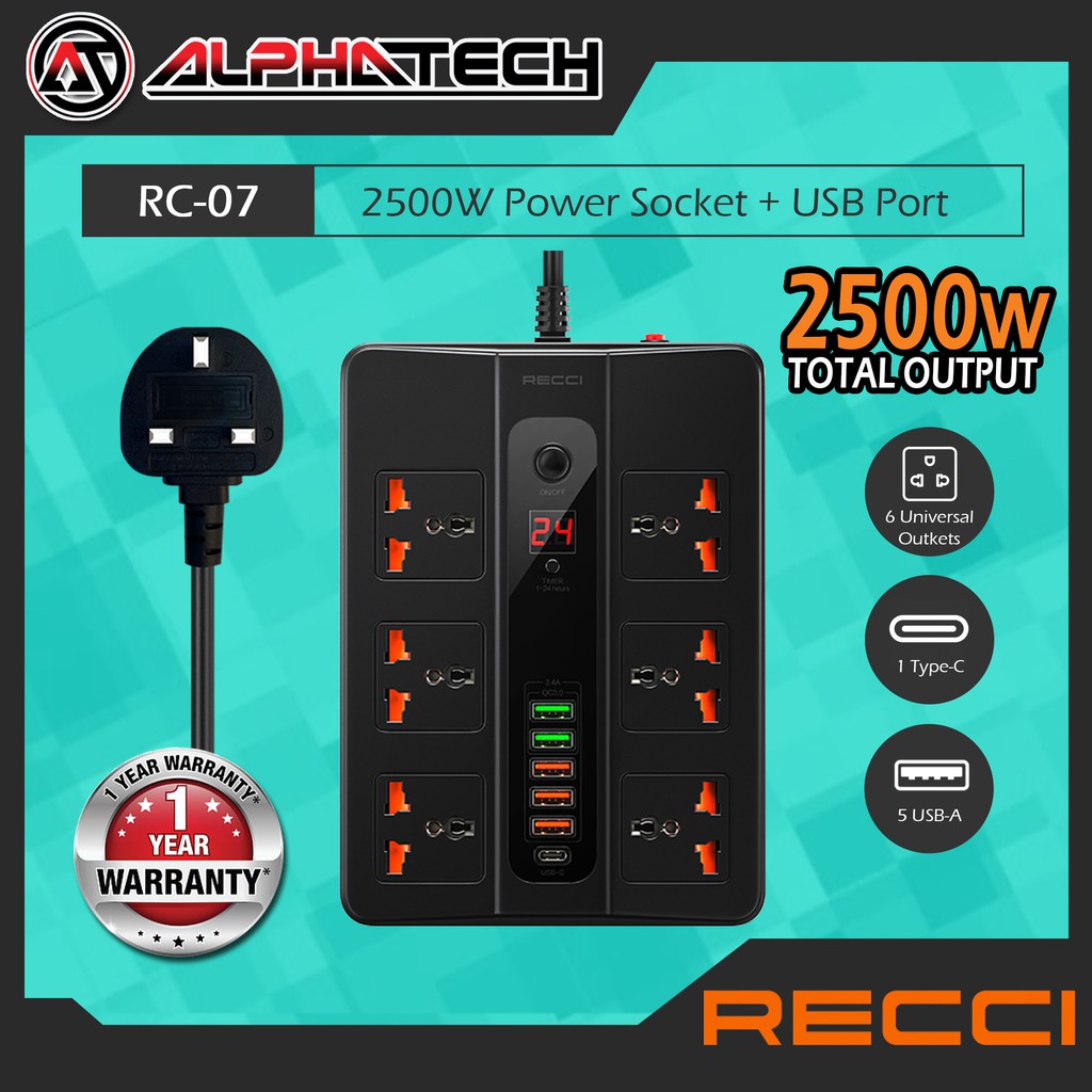 Recci RC07 2500W Power Socket, 6 Universal Sockets, 5 USB Ports ...