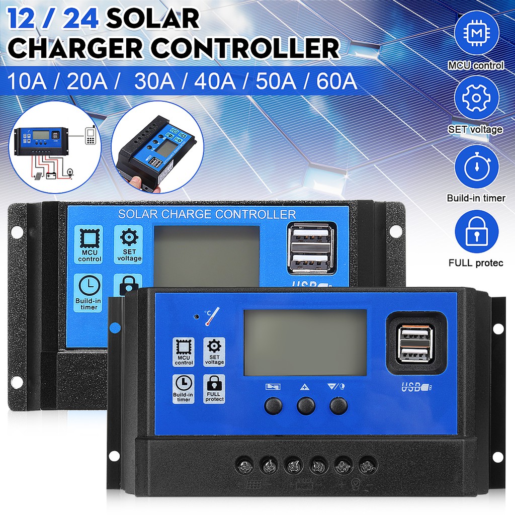 10A 20A 30A 40A 50A 60A 100A Auto Solar Charge Controller 12V 24V PWM LCD Dual USB PV Home ...
