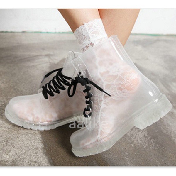 Women Flat PVC Transparent Clear Jelly Rubber Rain Lace Martin Low ...