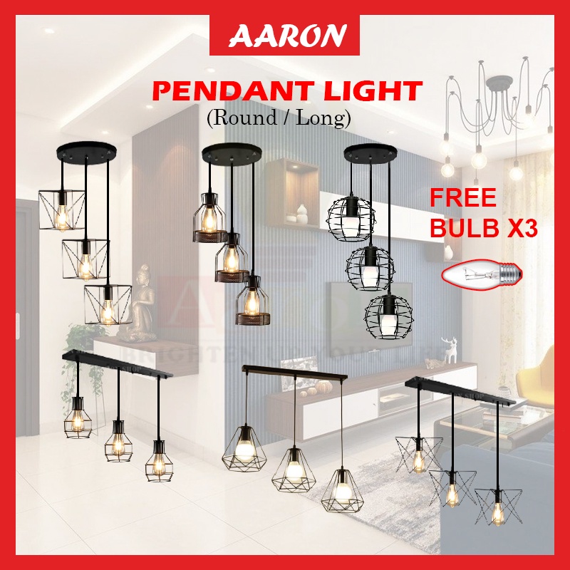 Pendant Lamp Hanging Light Set Of 3 With Round Based/Long Base FOC Bulb ...
