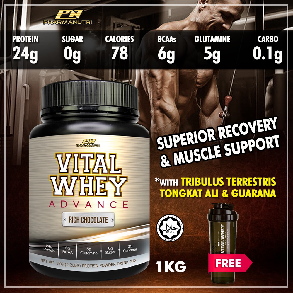 Vital Whey Advance Halal 1kg, 24g Protein Isolate+Tribulus,Tongkat Ali, Guarana, 0g Sugar BCAA ...