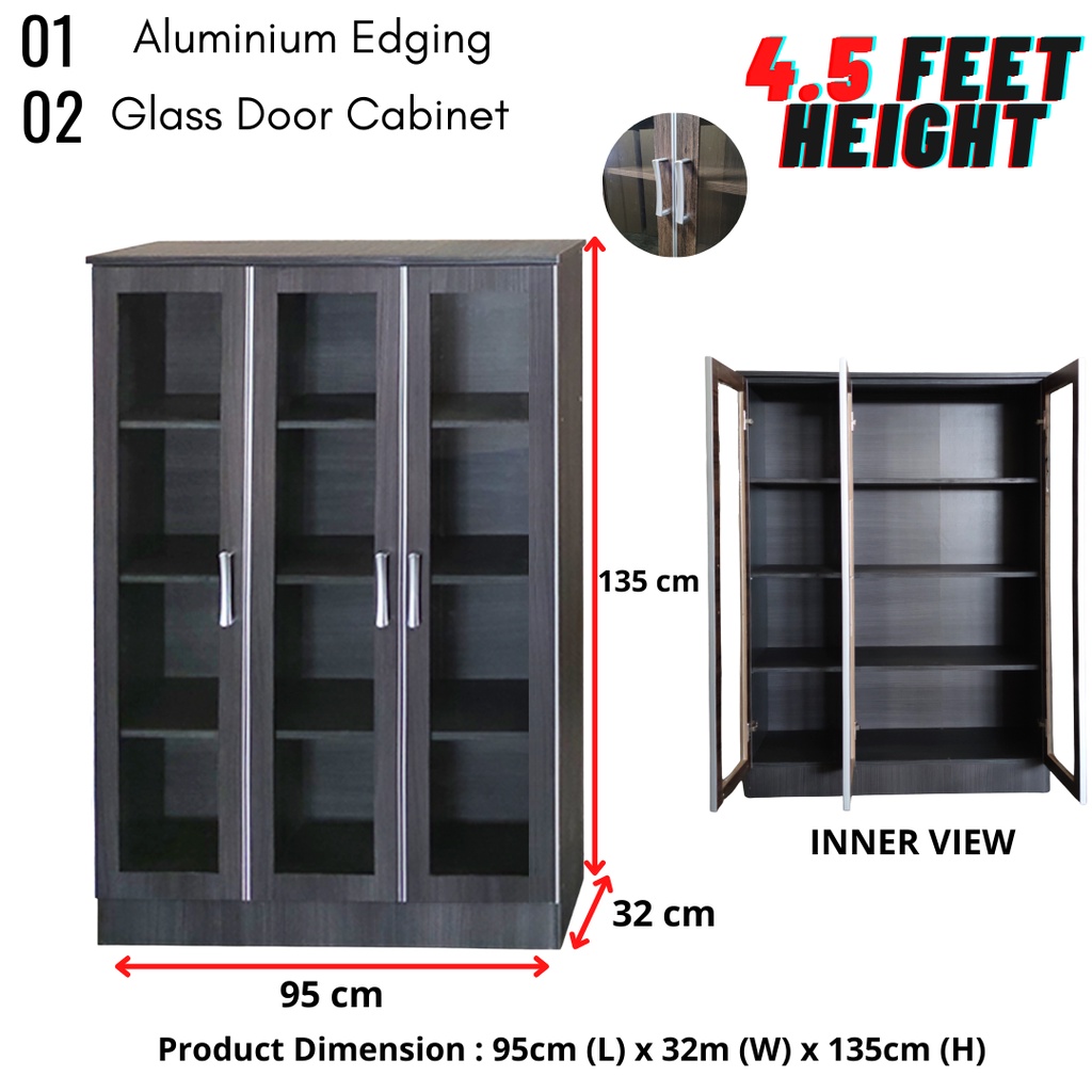 4.5ft 3 Door Rack Display Cabinet Glass Storage Cabinet Rak Buku ...