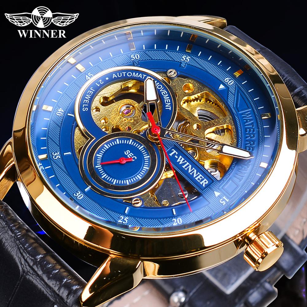 Winner Skull Blue Mechanical Watch Men's Automatic Classic Gold Case ...