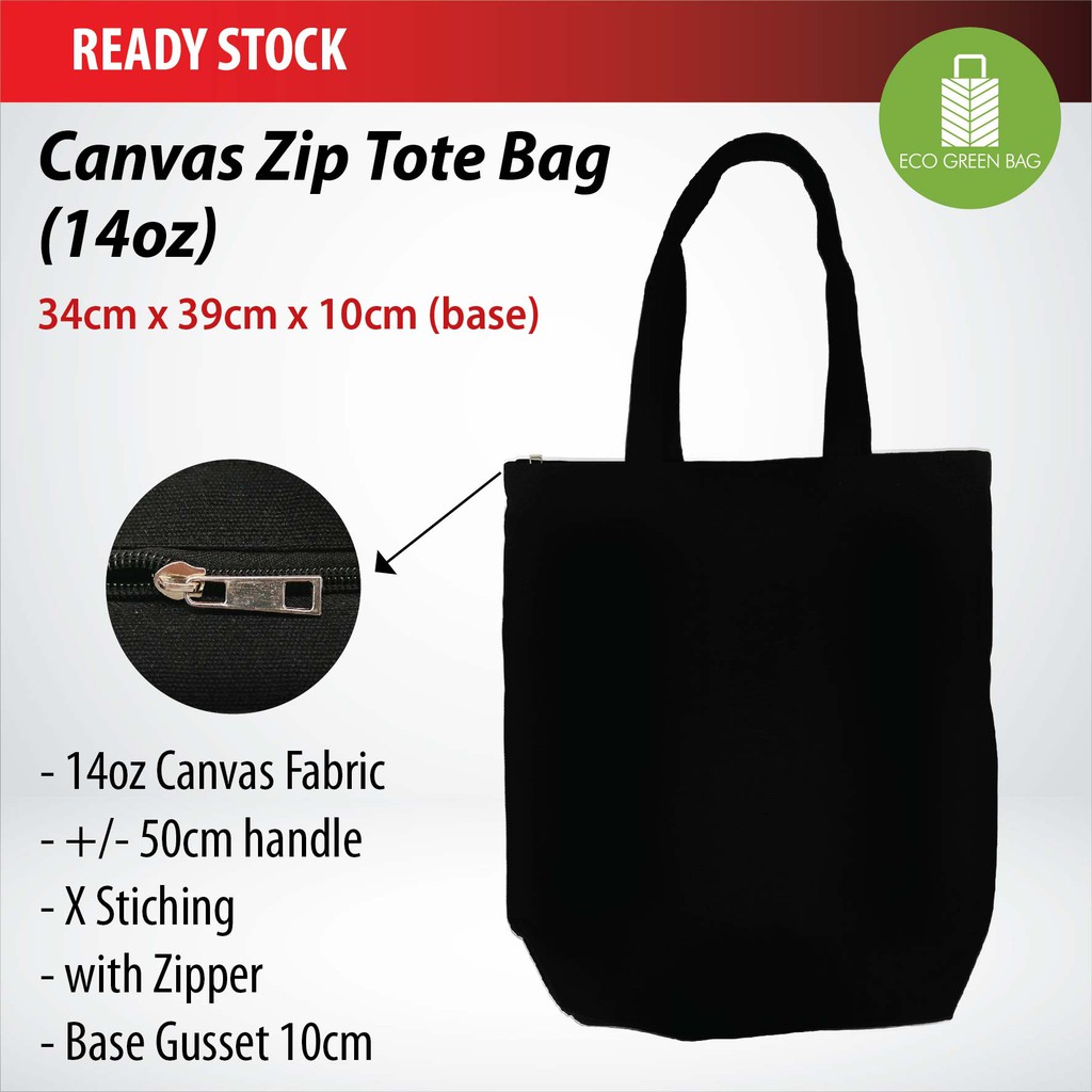 Premium Thick Black Canvas Zipper Tote Bag 14oz Beg Kanvas Hitam dengan ...