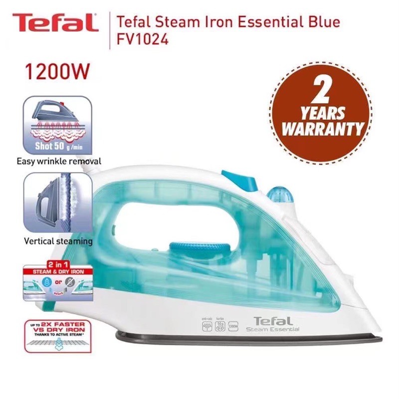Tefal Steam Iron Essential - Blue (1200W) FV1024 | Shopee Malaysia
