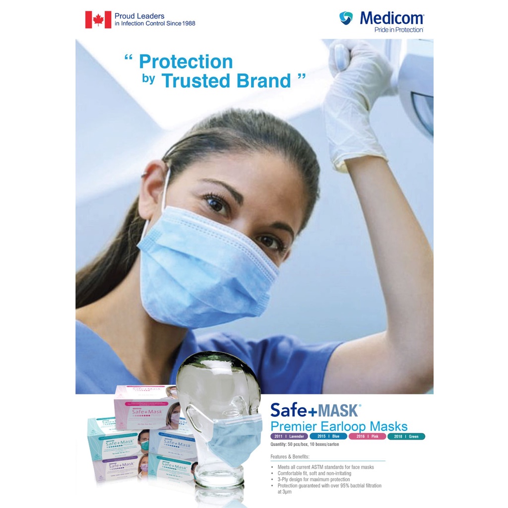 Medicom Safe+Mask Premier Earloop Masks (Medical Grade 3ply Mask ...