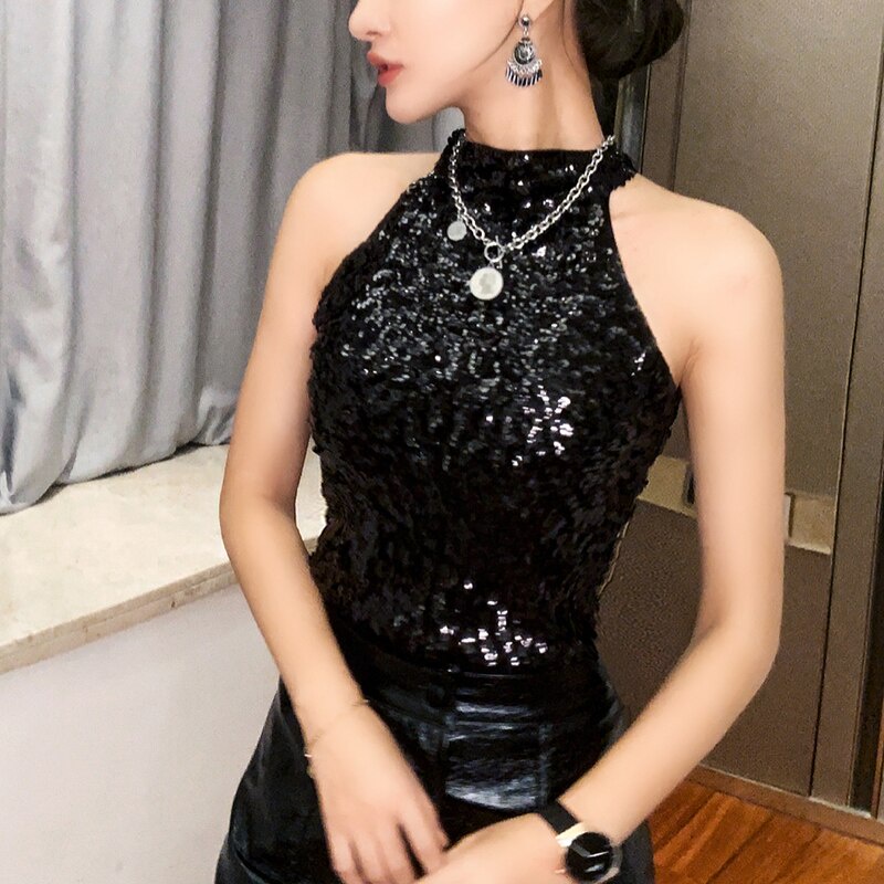 Sidaimi Sequins Women Fashion Shimmer Flashy Embellished Halter Neck Sleeveless Vest Tank Tops