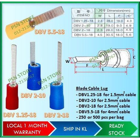 cable lug - 1.5mm , 2.5mm or 4mm - type pin / blade (I) - 250 or 500 ...