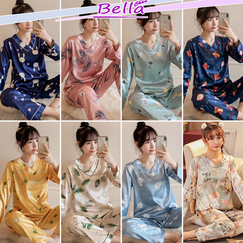 BERRY Women Long Sleeve Pyjamas Set Baju Tidur Perempuan Silk Satin ...