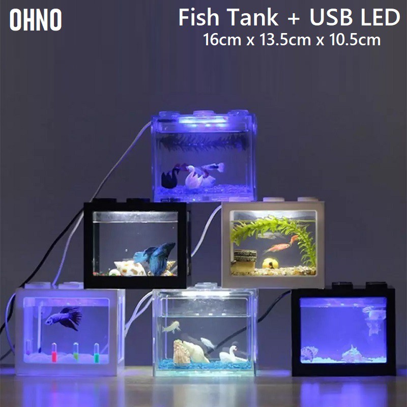 OHNO Mini Aquarium Lego Fish Box With USB LED Desktop Terrarium For ...