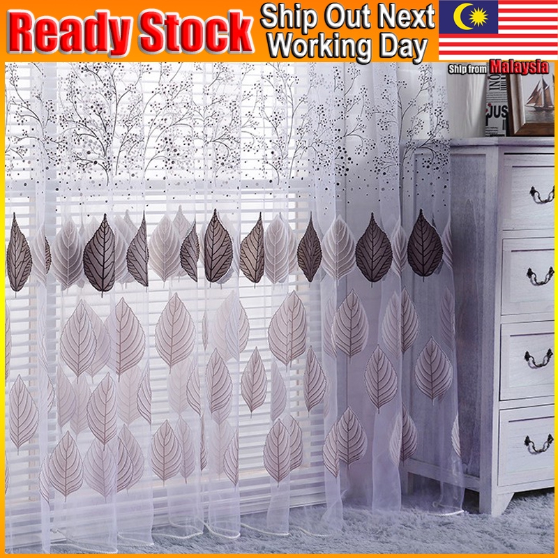 Leaf Pattern Sheer Curtain Rod Pocket Gauze Voile Tulle Langsir Size ...