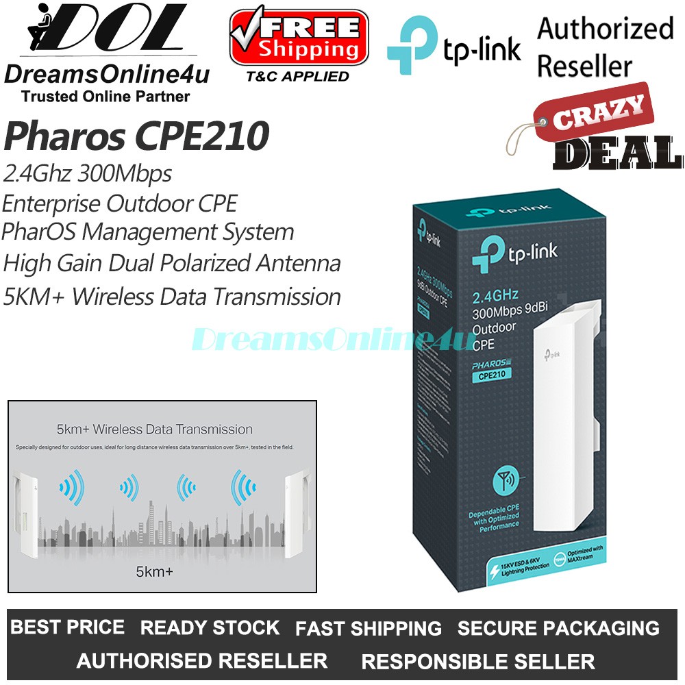 TP-LINK Pharos CPE210 2.4GHz 300Mbps 9dBi High Gain Qualcomm Enterprise ...