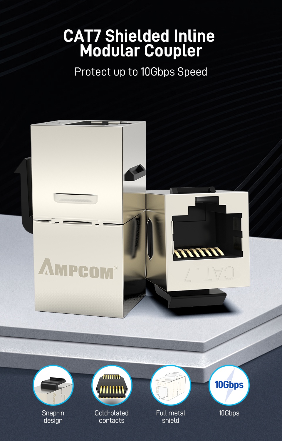 AMPCOM CAT7 RJ45 Inline Coupler Keystone Jack Shielded Straight-Through ...