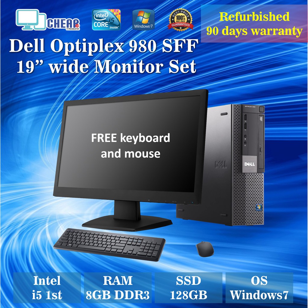 Complete i5 19 inch wide set Dell Optiplex 980 SFF 8GB 128GB SSD fully refurbished 90 days ...