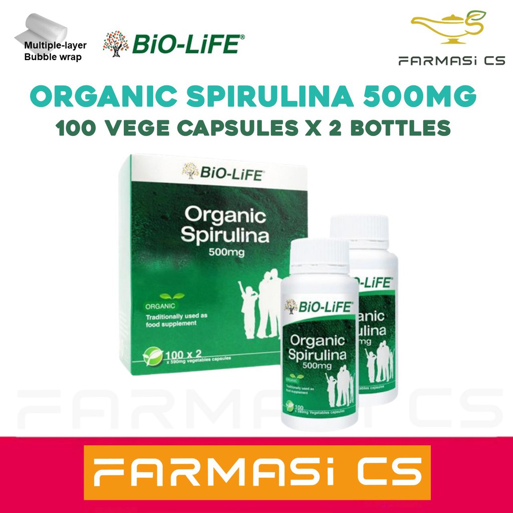 Bio-Life Organic Spirulina 500mg 100 Capsules x 2 Bottles (TWIN) EXP:09 ...