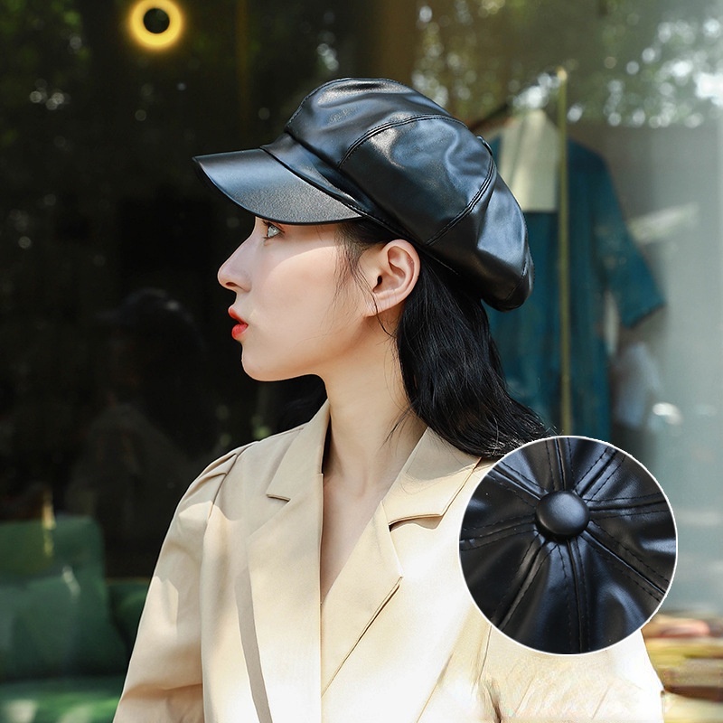 Qiu Dong Pu Leather Octagonal Cap Female Boom England After Cap Joker ...