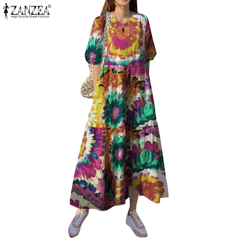 Zanzea Women Retro Print O Neck Casual Half Sleeve Loose Vintage