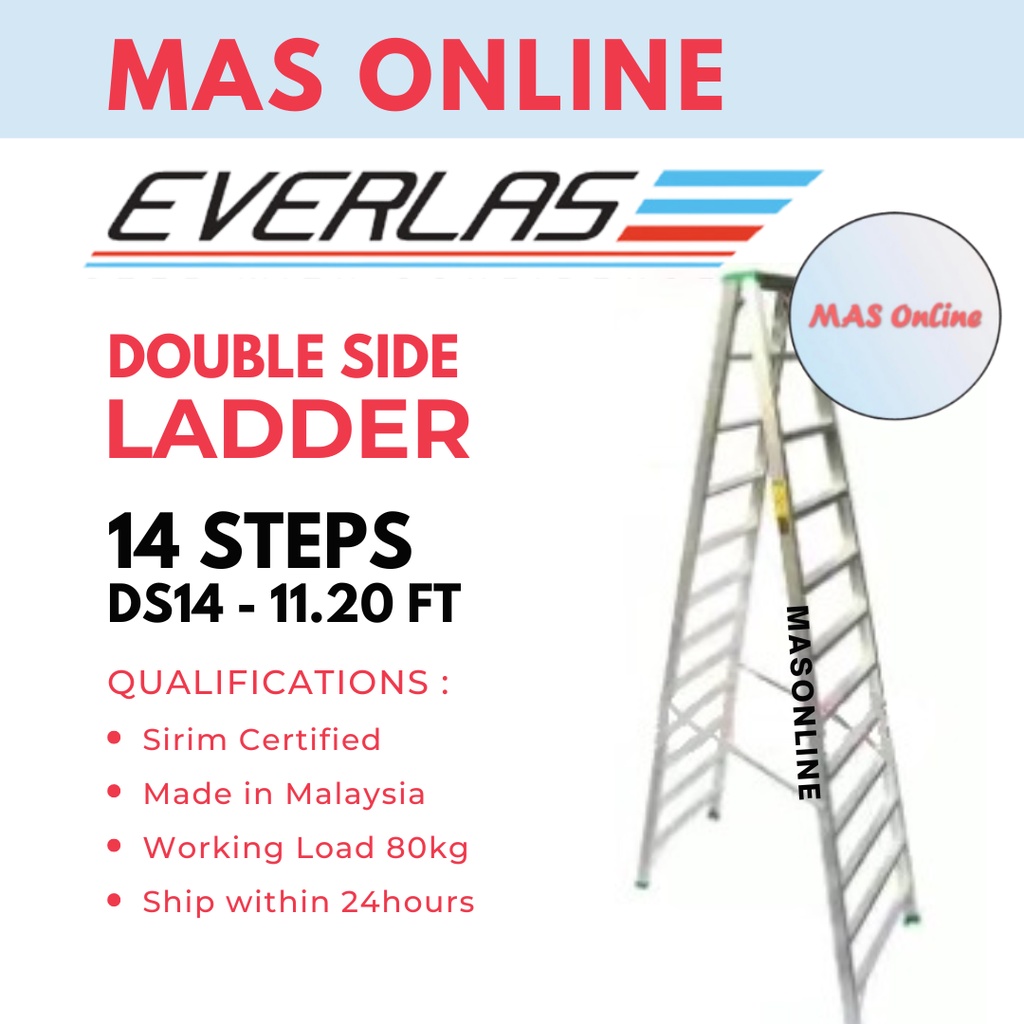 MASONLINE Everlas DS14 Aluminium Double Sided Ladder 14 Steps Tangga Lipat Stairs Step Ladders ...