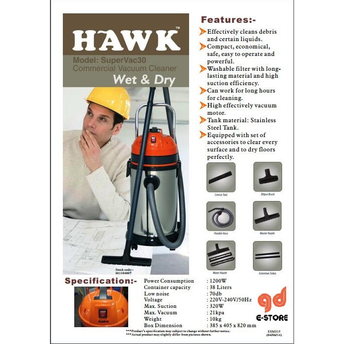 HAWK SuperVac30 1200W 38L Heavy Duty Wet And Dry Vacuum Cleaner ...