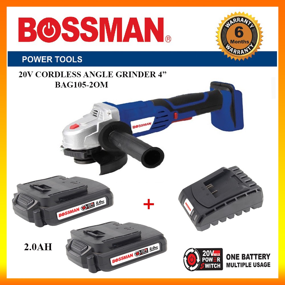 BOSSMAN 20V Cordless Angle Grinder 4"BAG105-20M With 2PCS 2.0AH Battery ...
