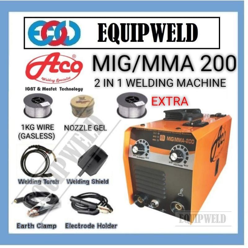 ACO MIG/MMA200 2 IN 1 INVERTER WELDING MACHINE (200AMP) 1KG GASLESS ARC ...
