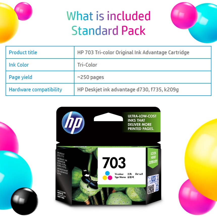 HP 703 Tri-color Original Ink Advantage Cartridge For D730/K209g/F735 ...