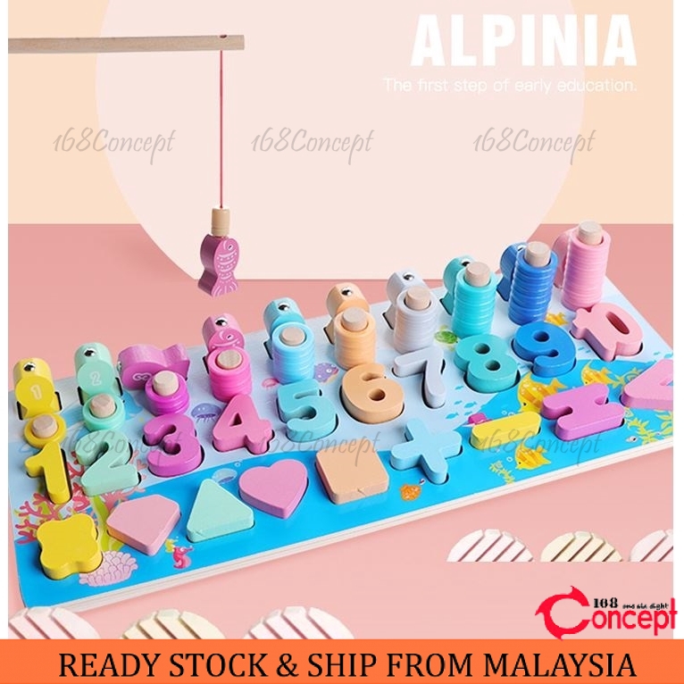 Children 4 in 1 Dolphin Number Shape Matching Wooden Geometric ...