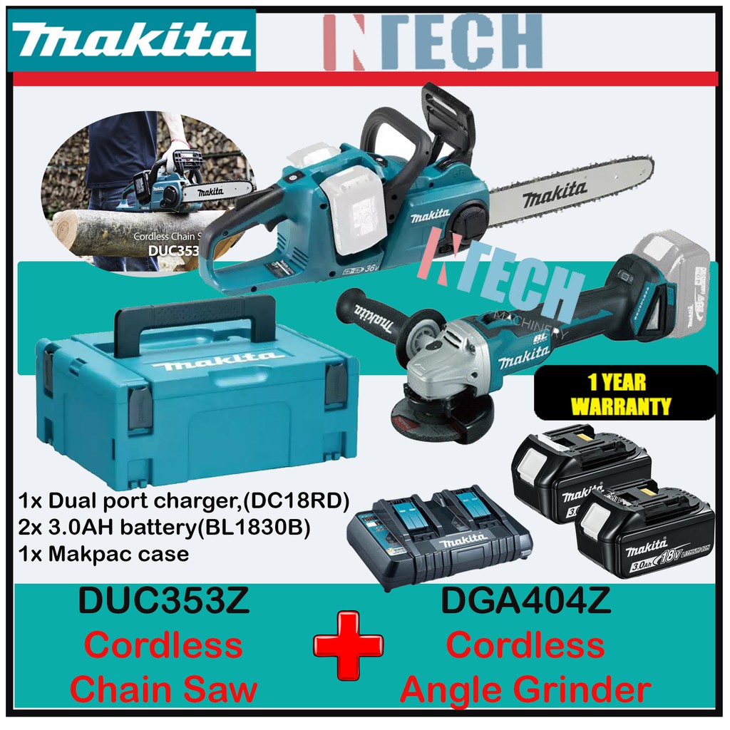 MAKITA DGA404Z CORDLESS ANGLE GRINDER + DUC353Z CORDLESS CHAIN SAW + 2x ...