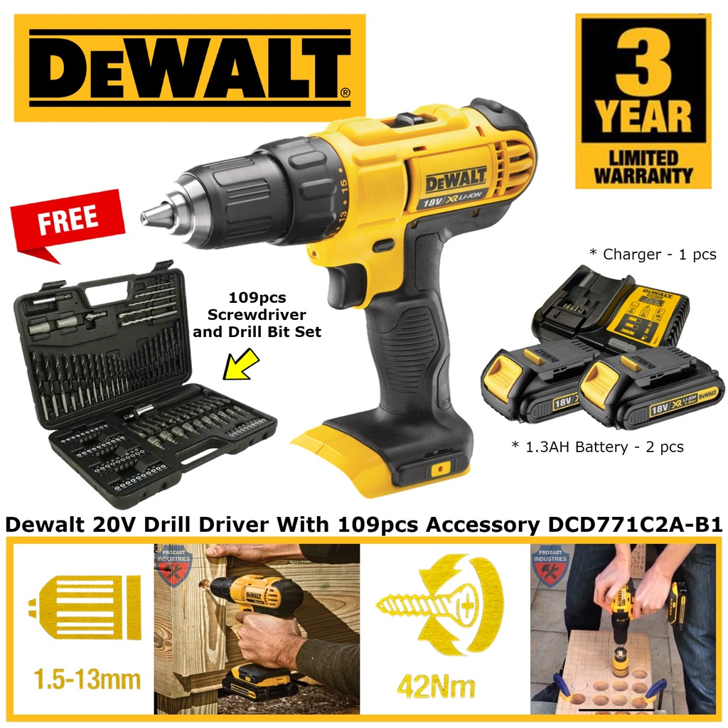 Dewalt DCD771C2A-B1 18V Cordless 13mm Drill Driver With 109pcs Standard ...