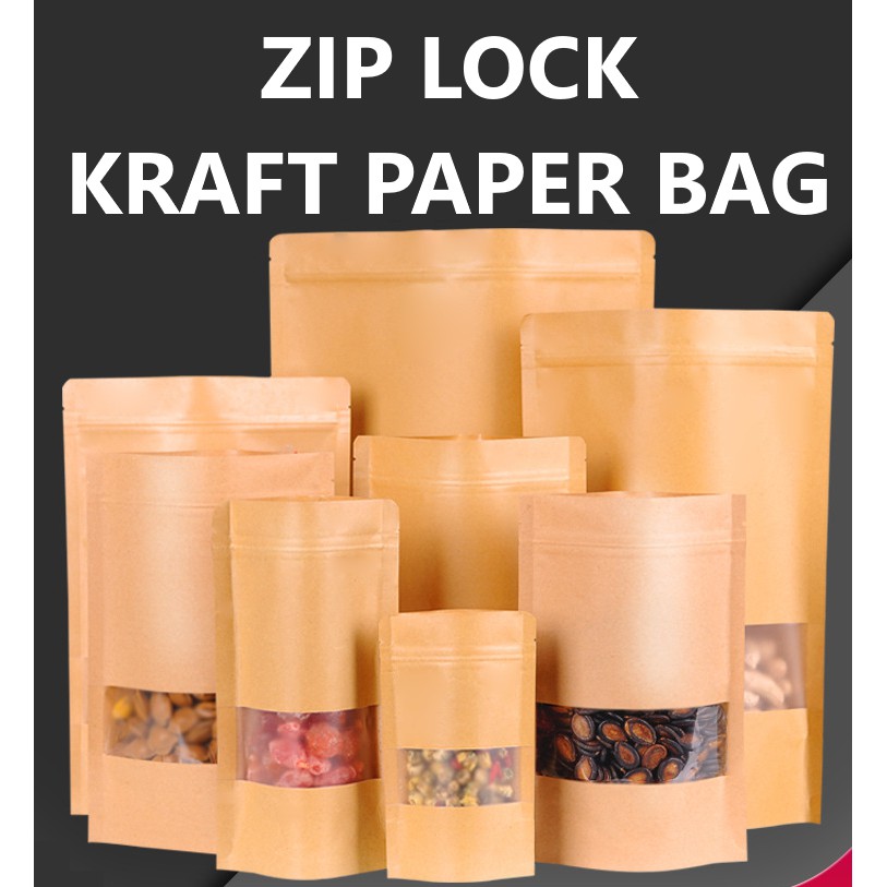 50pcs Zip Pouch Bag Kraft Paper Bag Zipper Air Tight Zip Lock Bags Door ...