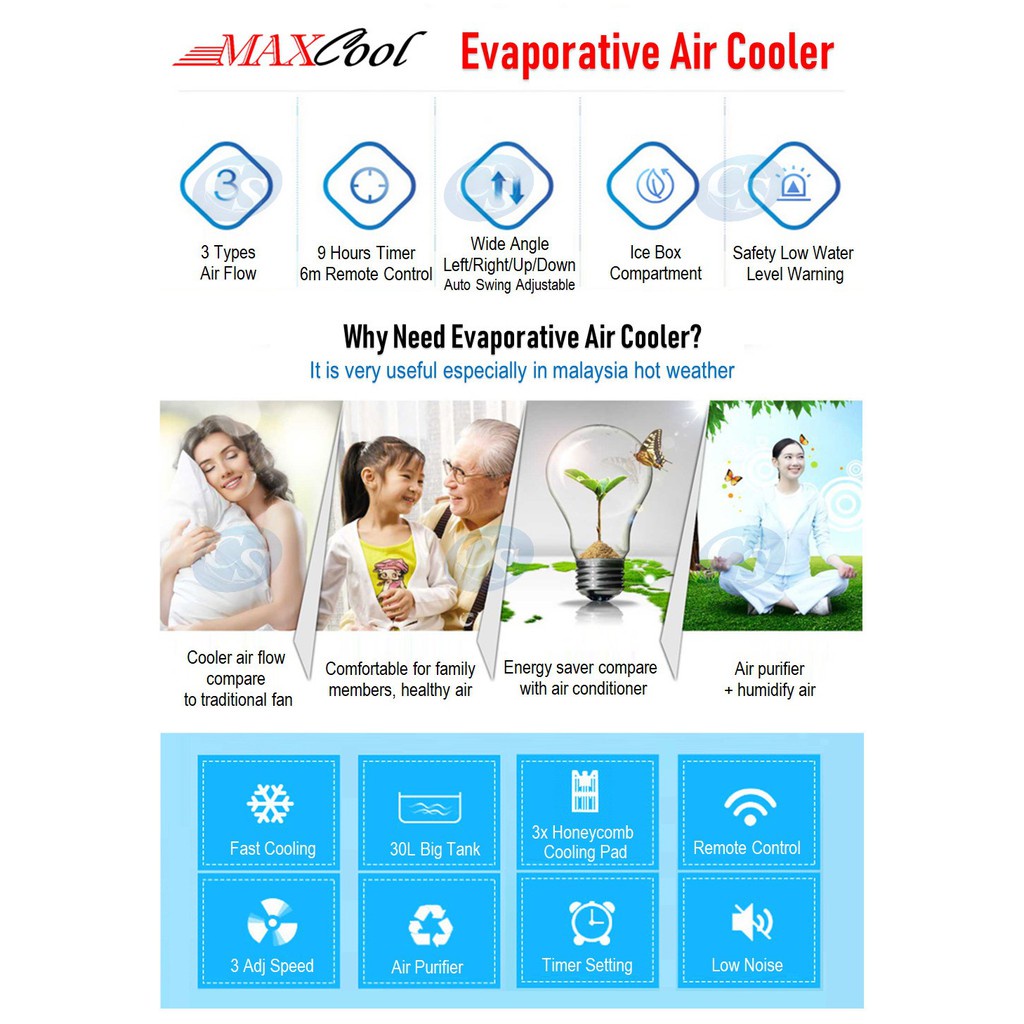 30L MaxCool QF25 Evaporative Swamp Air Cooler Honeycomb Double Stage Air Flow + 4 Way Swing ...