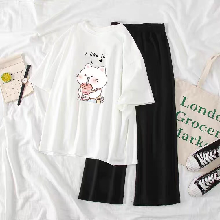 Drinking Cat T-shirt set + plain pants, loose t-shirt, nice quality ...