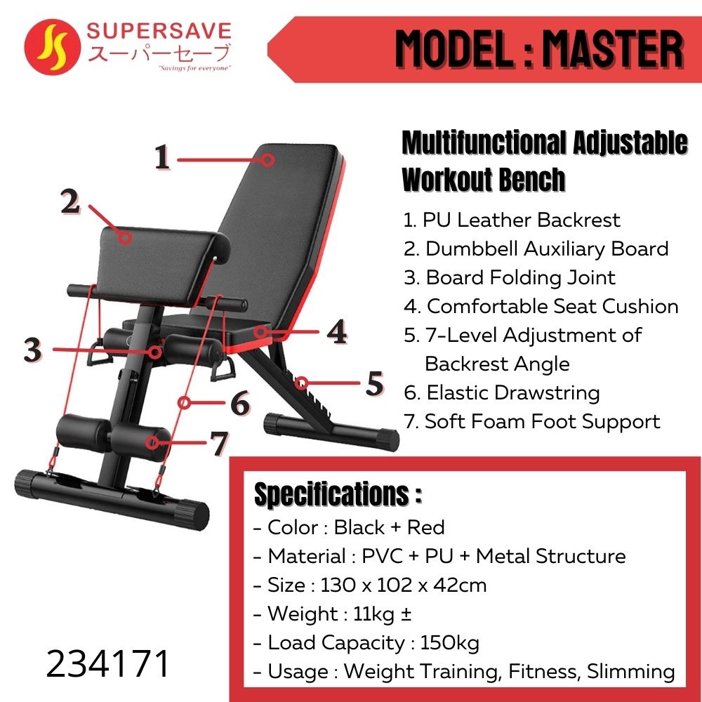 SUPERSAVE GYM Workout Bench Adjustable Level All in 1 Foldable Exercise ...
