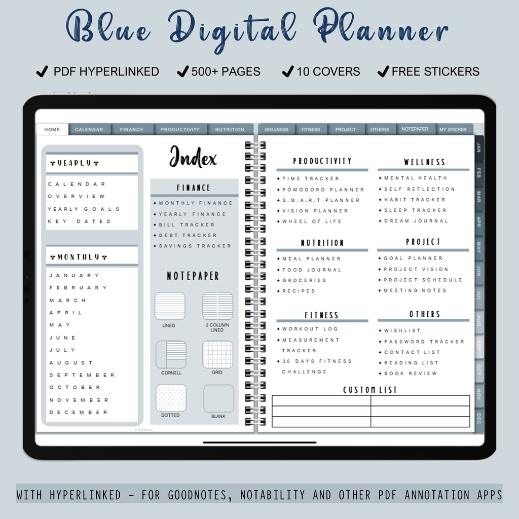 Digital Planner Blue, Goodnotes Planner, iPad Planner, Notability ...