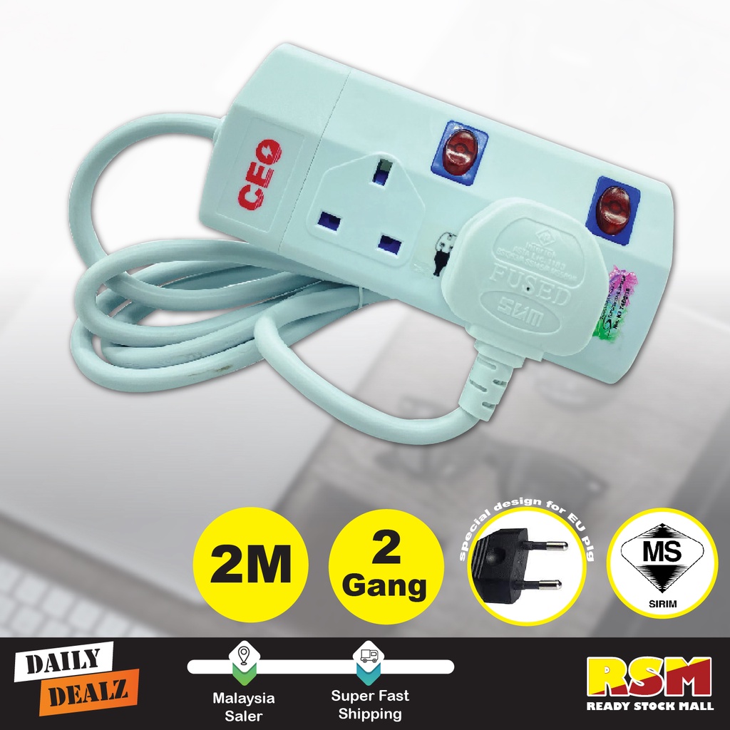 (SIRIM APPROVED) 2 GANG 2 METER Trailing Socket Extension Plug ...