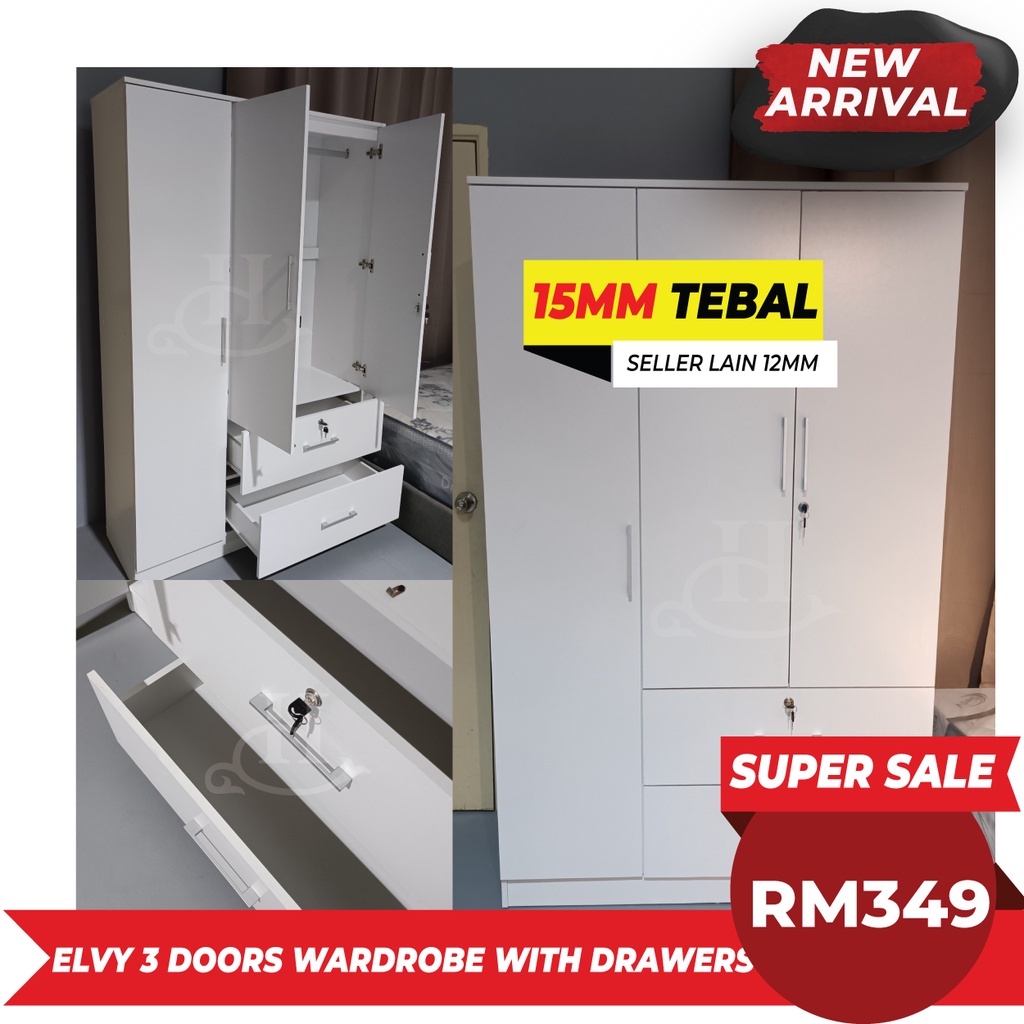 I HOME ELVY 3 Doors Wardrobe with Drawers and Shelf / White Color ...