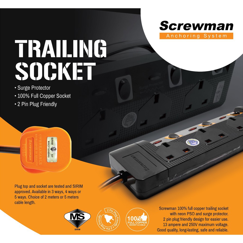 Screwman Heavy Duty 13a 3 4 5 Gang Extension Trailing Socket Plug Wire 2 Meter 5 Meter With