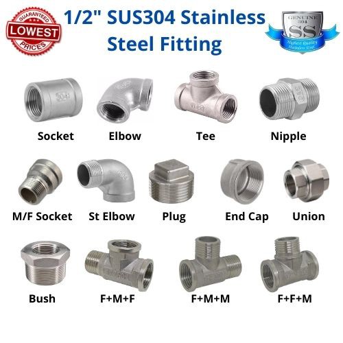 1/2" SUS304 Stainless Steel Tee Elbow Socket Nipple Valve Socket Plug ...