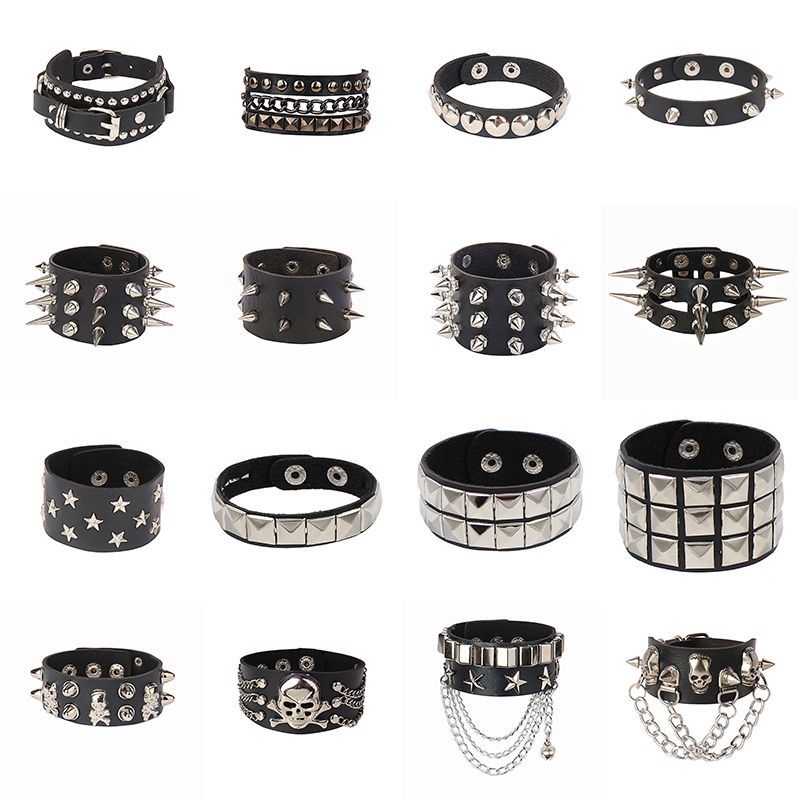 Punk Unique Row Spikes Rivet Stud Wide Cuff Leather Bracelet Punk ...