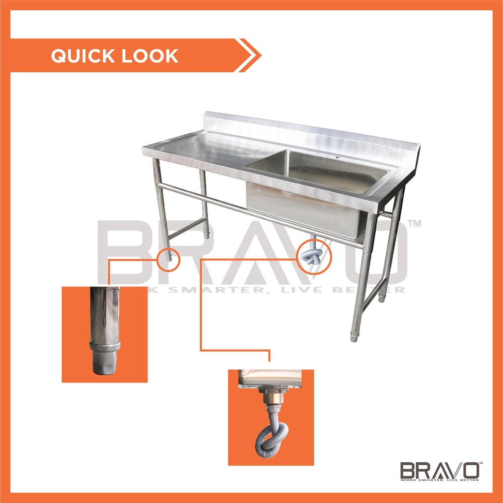 BRAVO Kitchen Sink Sinki Dapur Stainless Steel Kitchen Table with Rack Sink Stainless Steel ...