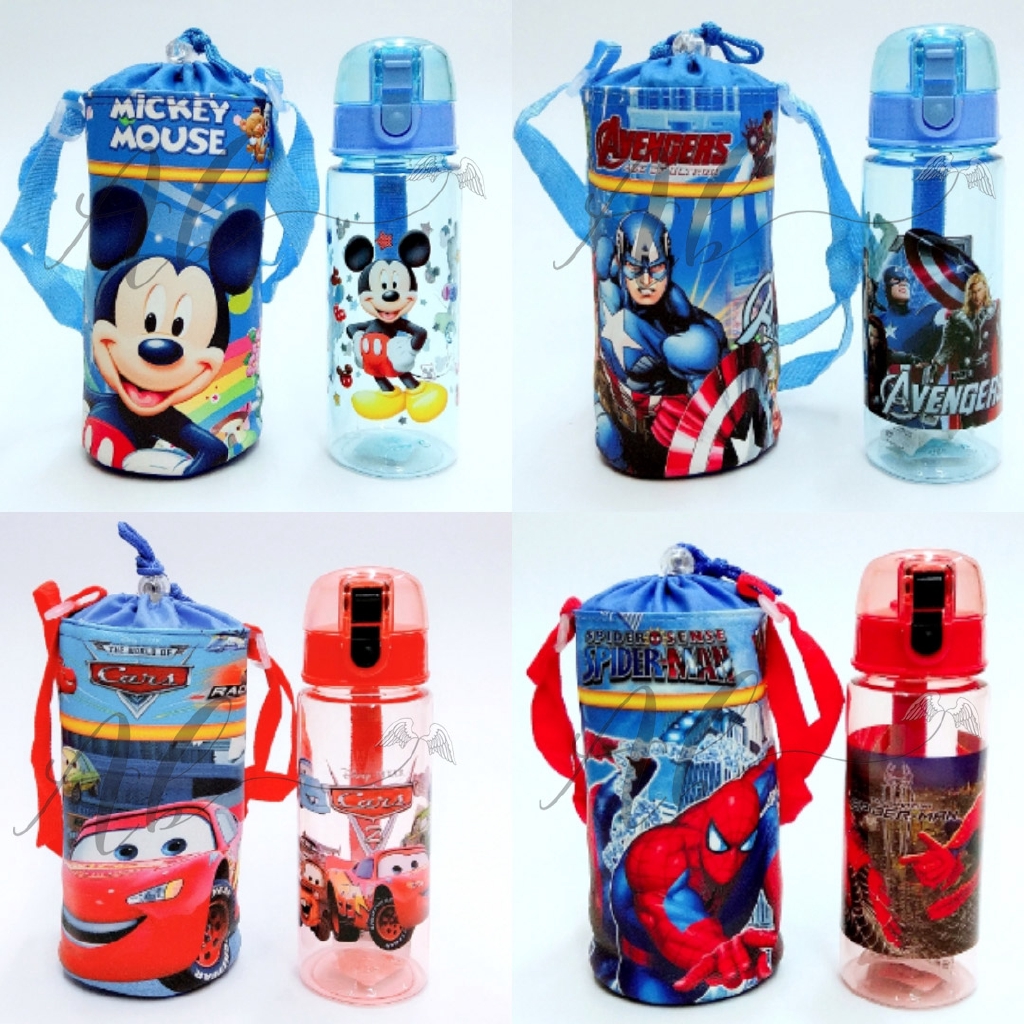 Angel Baby Kids Mickey Captain McQueen Spiderman Water Bottle Carrier Bottle 550ML Set | Shopee ...