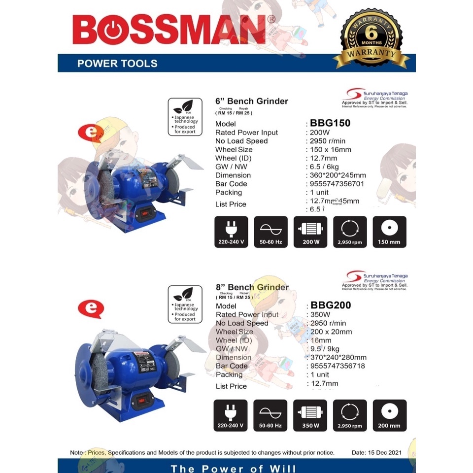 BOSSMAN 8" 350W 200MMBench Grinder / Pengisar Bench / Pengisar BANGKU ...