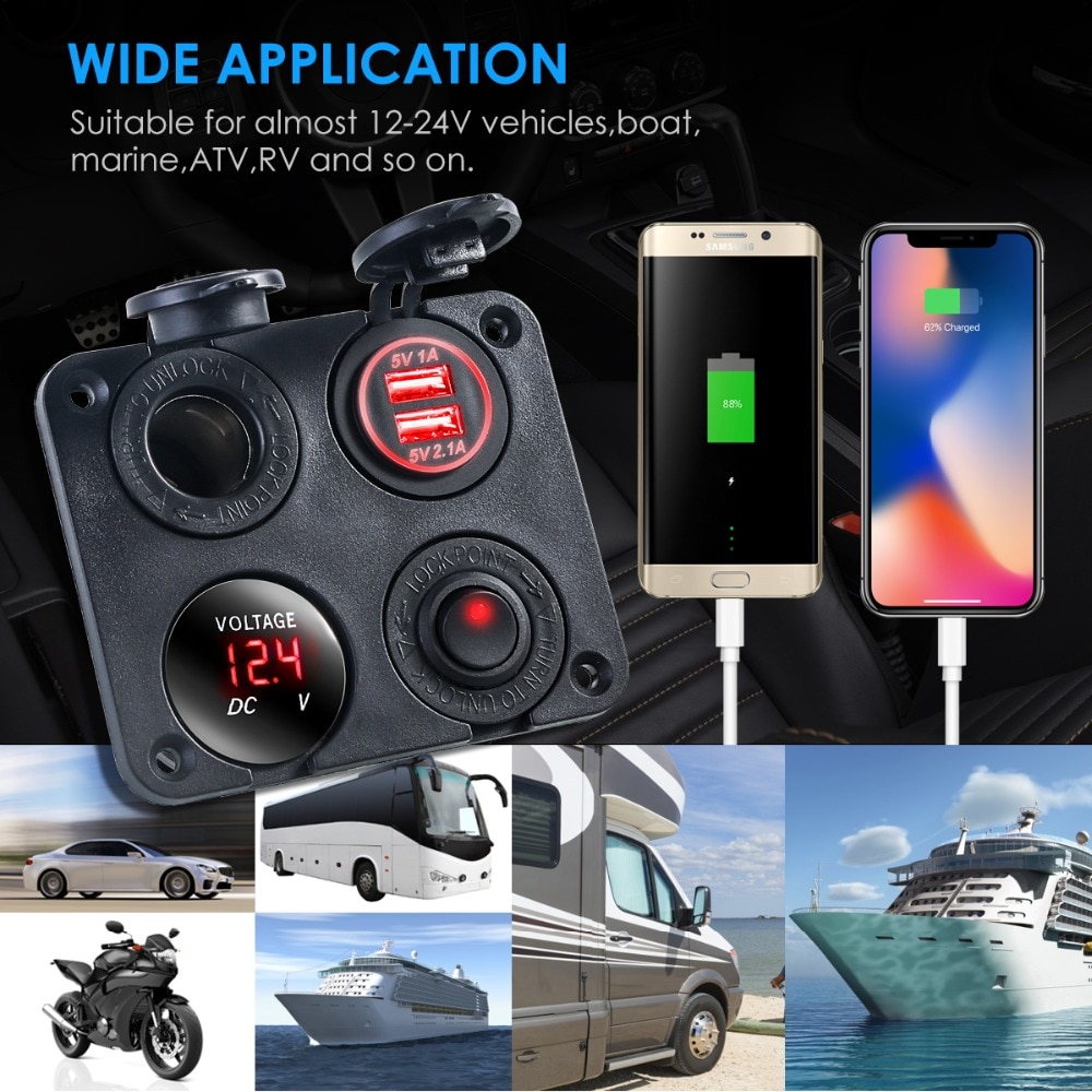 New Dual USB Ports Car Charger + LED Voltmeter + 12-24V Power Socket ...