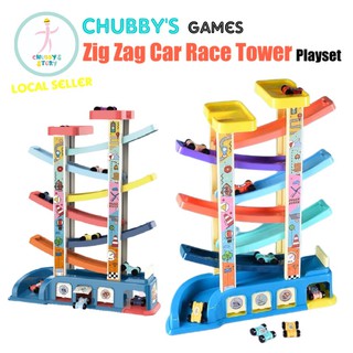 🏆🏎Chubby’s Zig Zag Car Race Tower Tracks Ramp Games Playset / Mainan Pengembaraan Trek Kereta ...